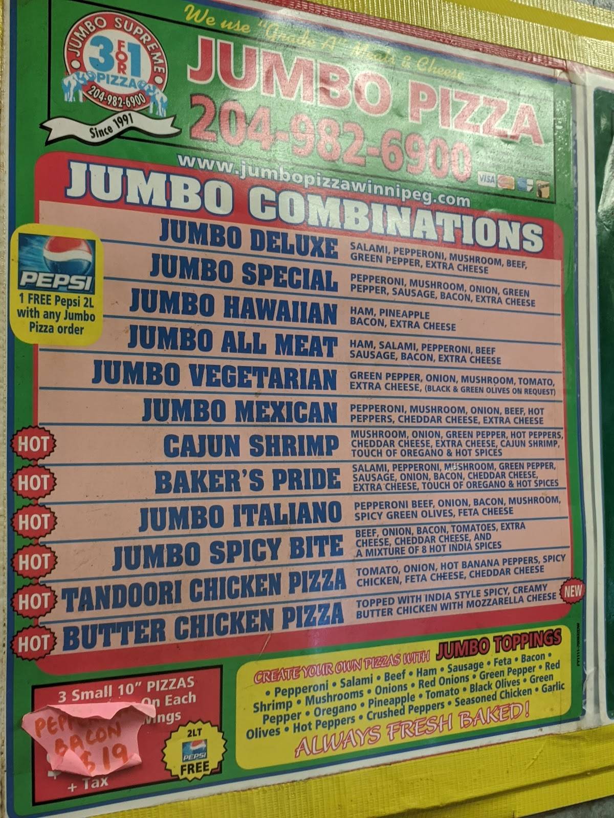 Menu at Jumbo Pizza pizzeria, Winnipeg, 555 Balmoral St