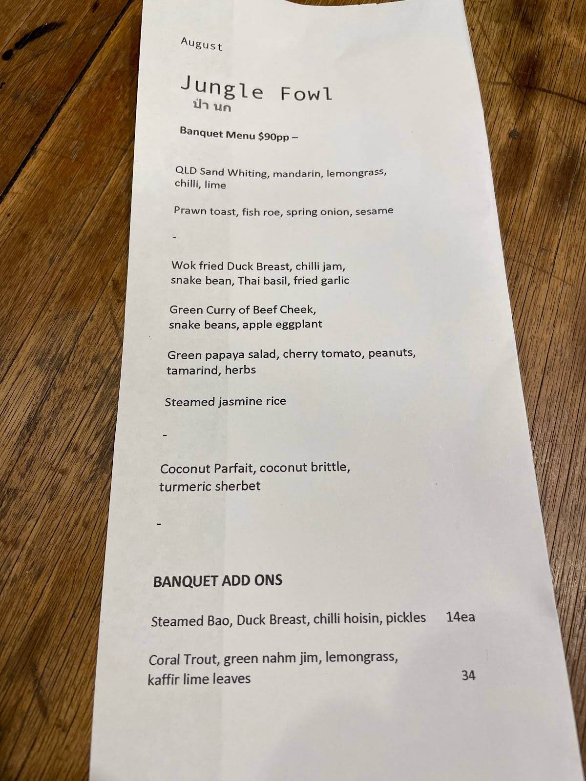 Menu at Jungle Fowl restaurant, Port Douglas