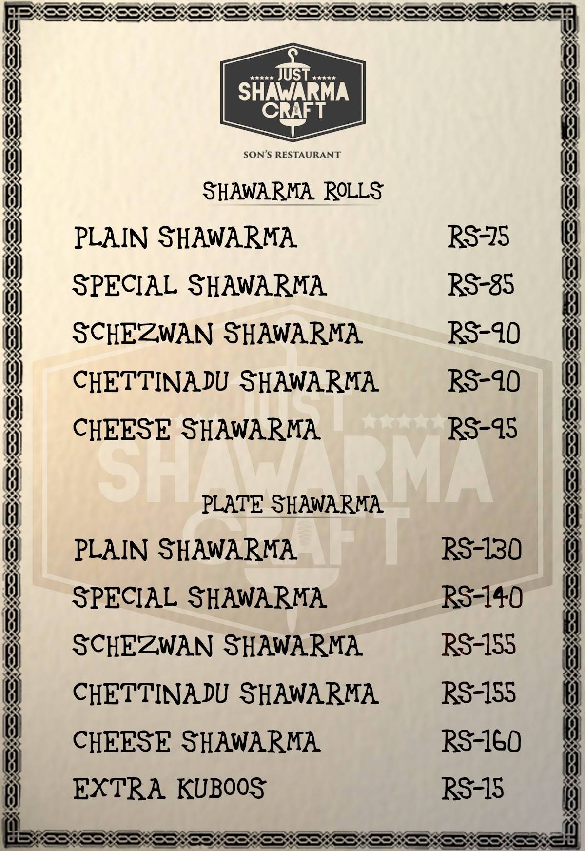 Menu at Just shawarma craft, Chennai