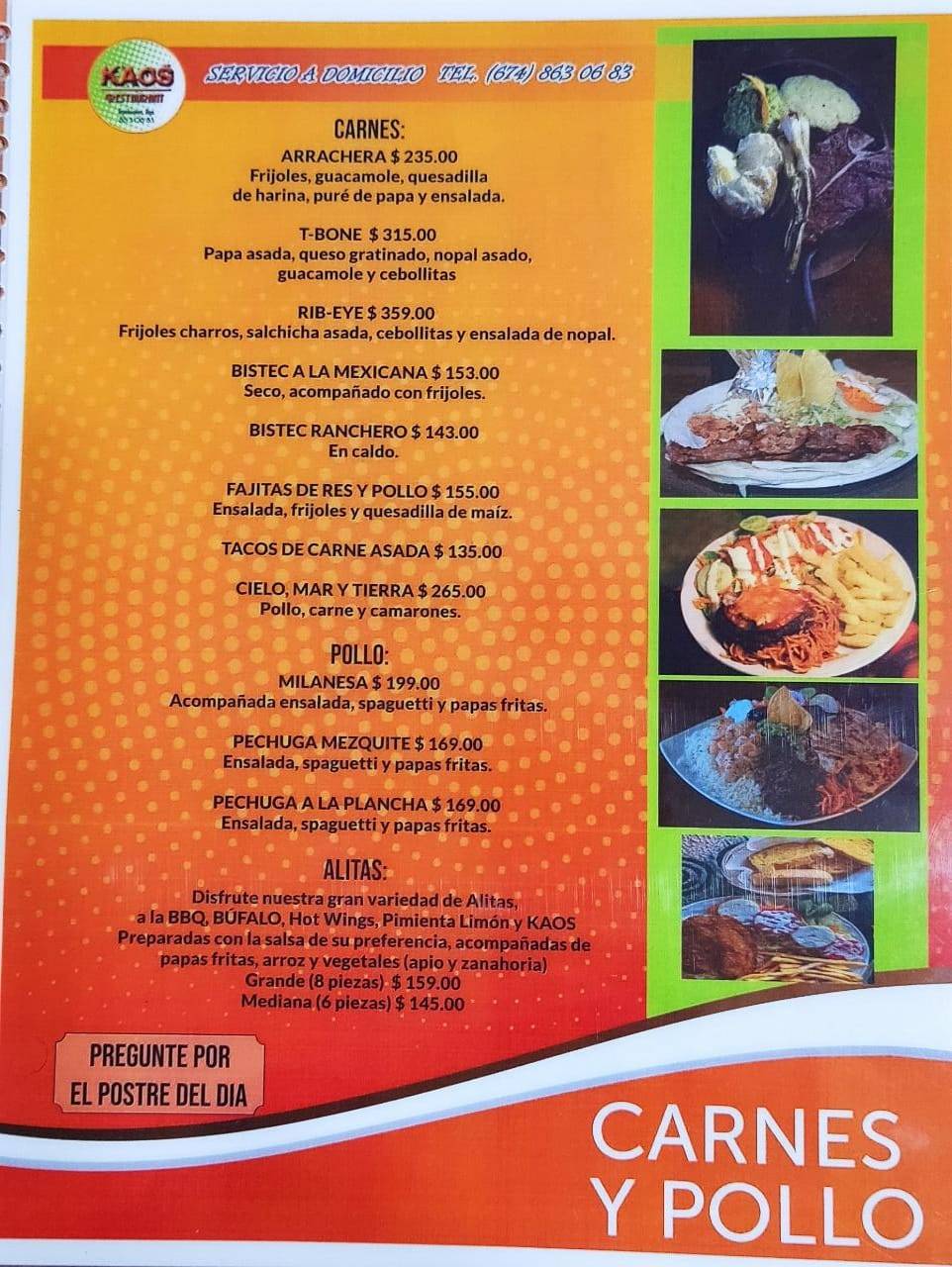 Carta de KAOS RESTAURANT, Santa Catarina de Tepehuanes