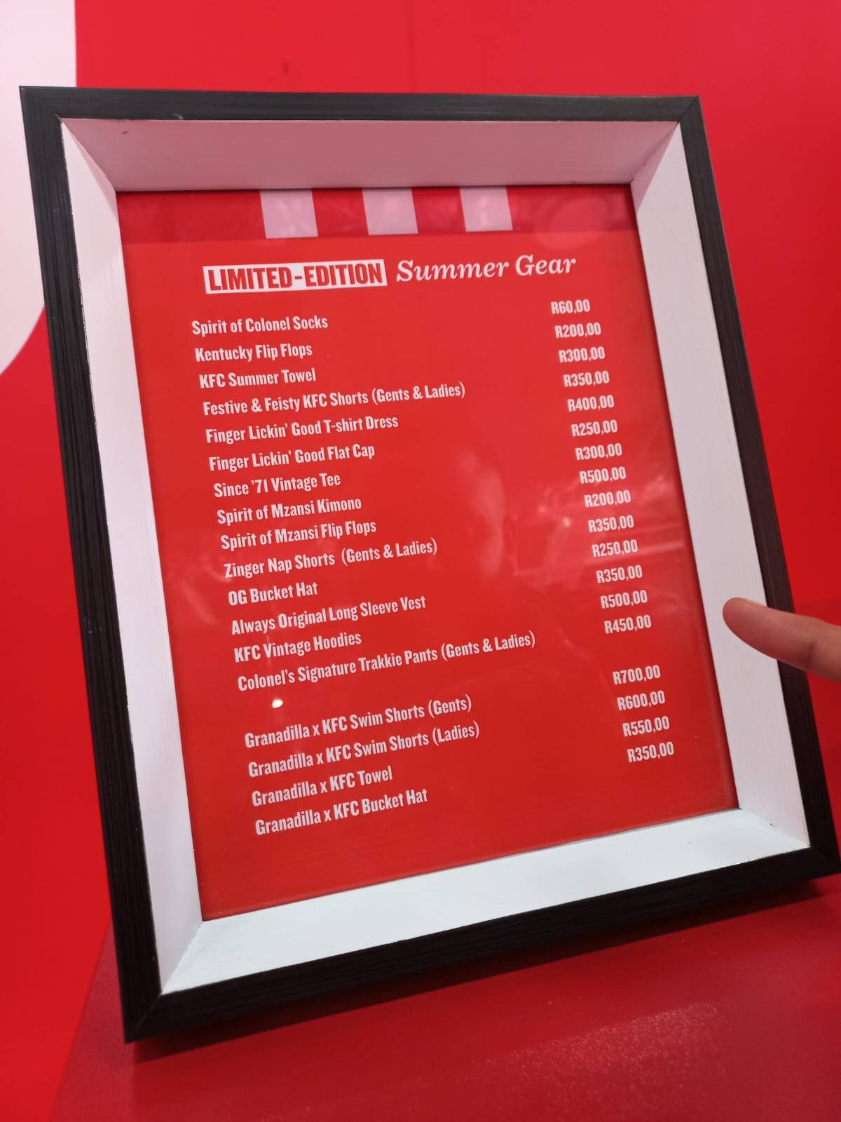 Menu au KFC's Kentucky Town Durban restaurant, Durban