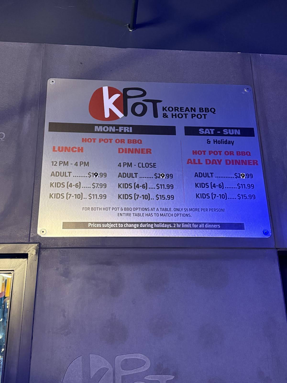 Carta de KPOT Korean BBQ & Hot Pot, Taylorsville, Redwood Rd