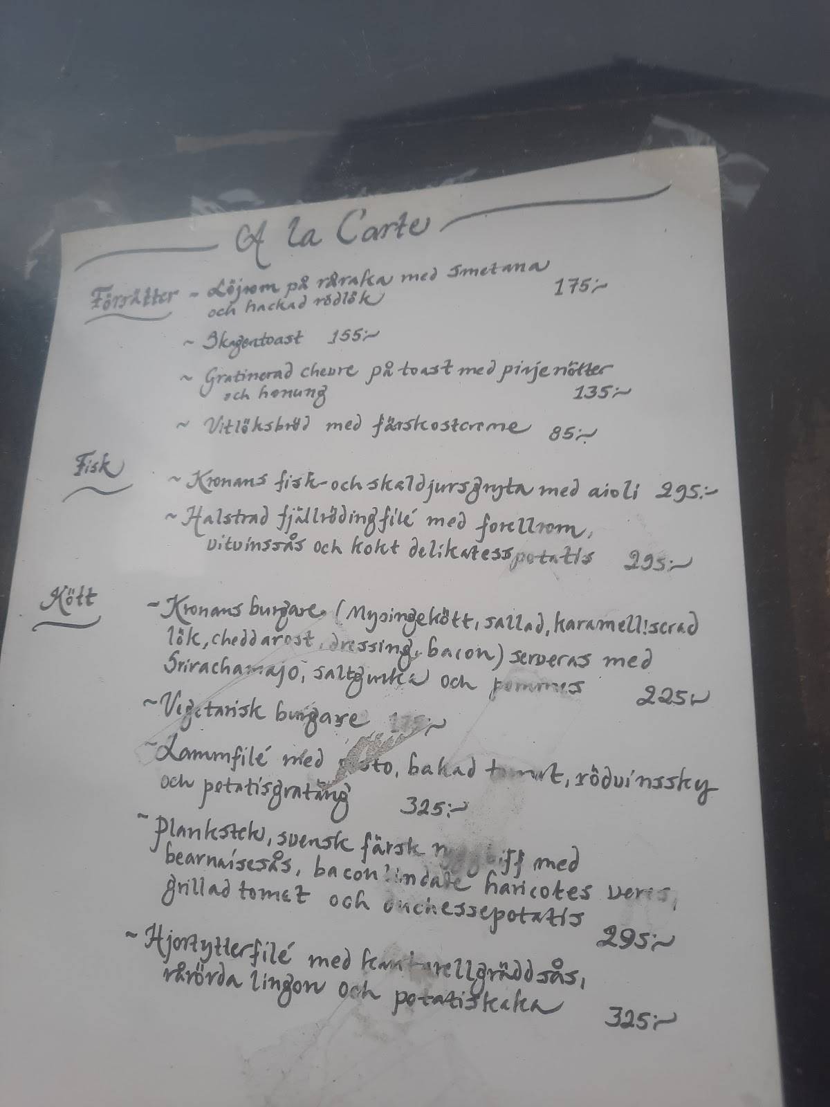 Menu at Källaren Kronan restaurant, Kalmar