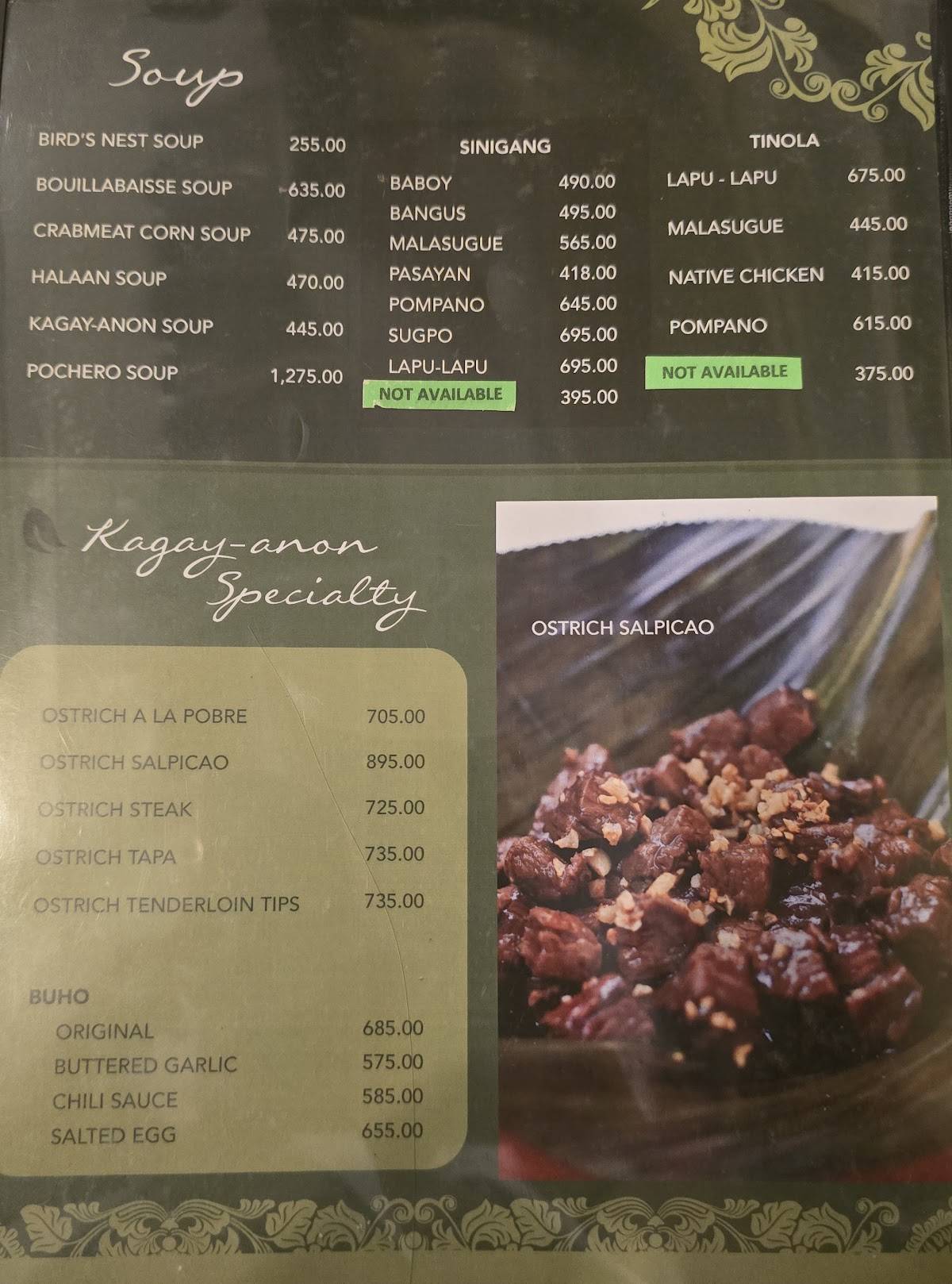 Menu at Kagay-anon Restaurant, Cagayan de Oro