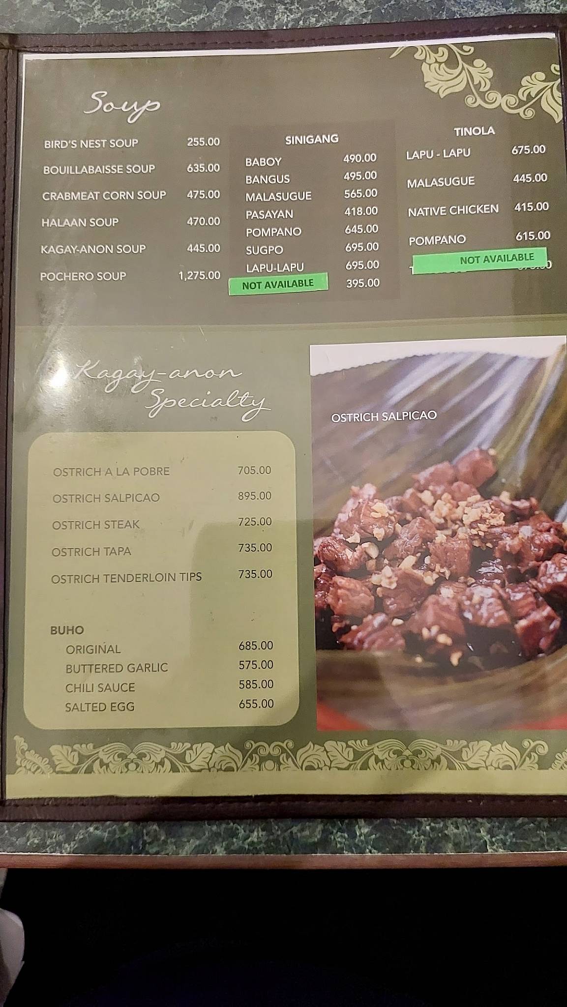 Menu at Kagay-anon Restaurant, Cagayan de Oro
