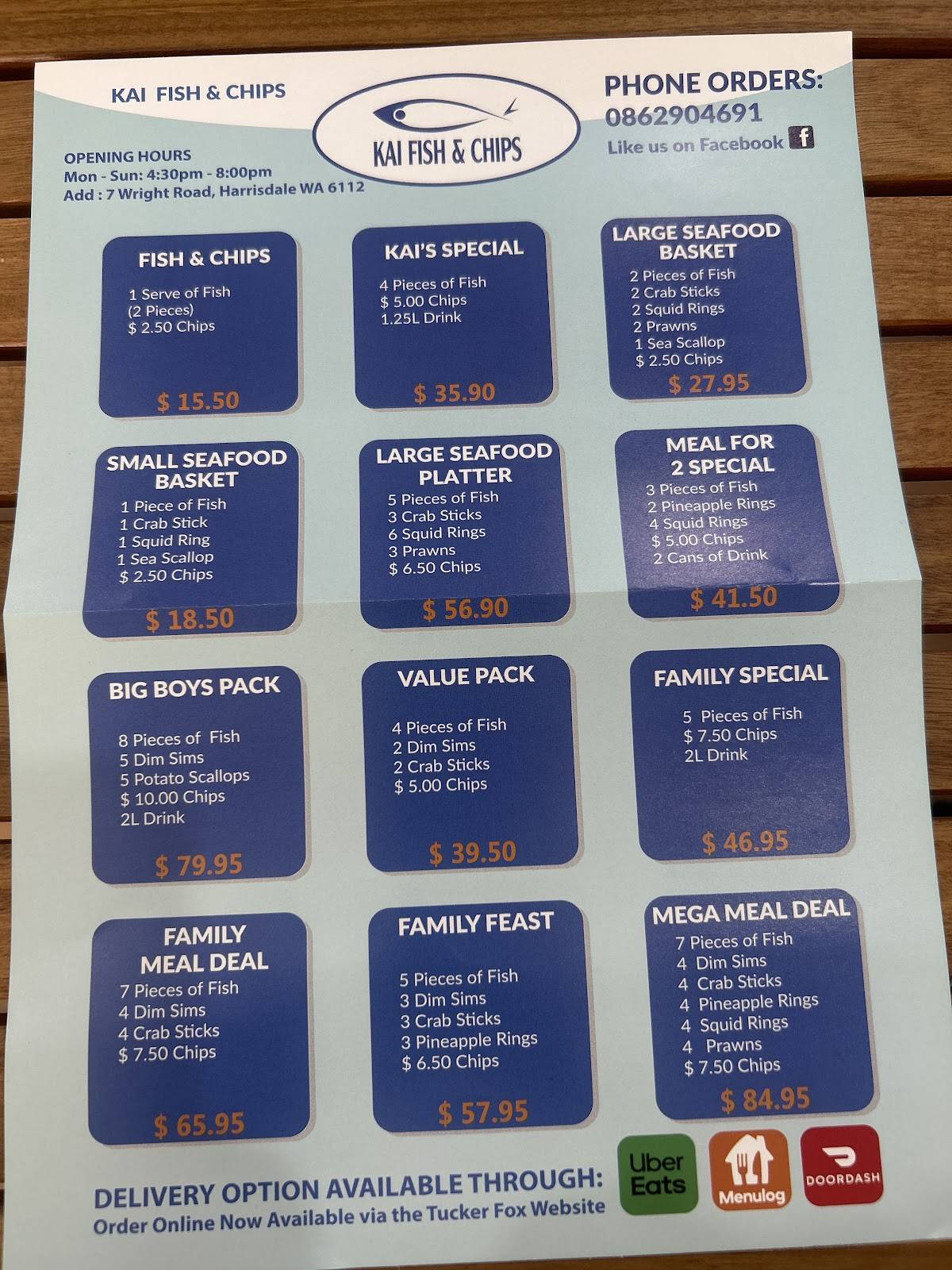 Menu at Kai Fish & Chips restaurant, Harrisdale