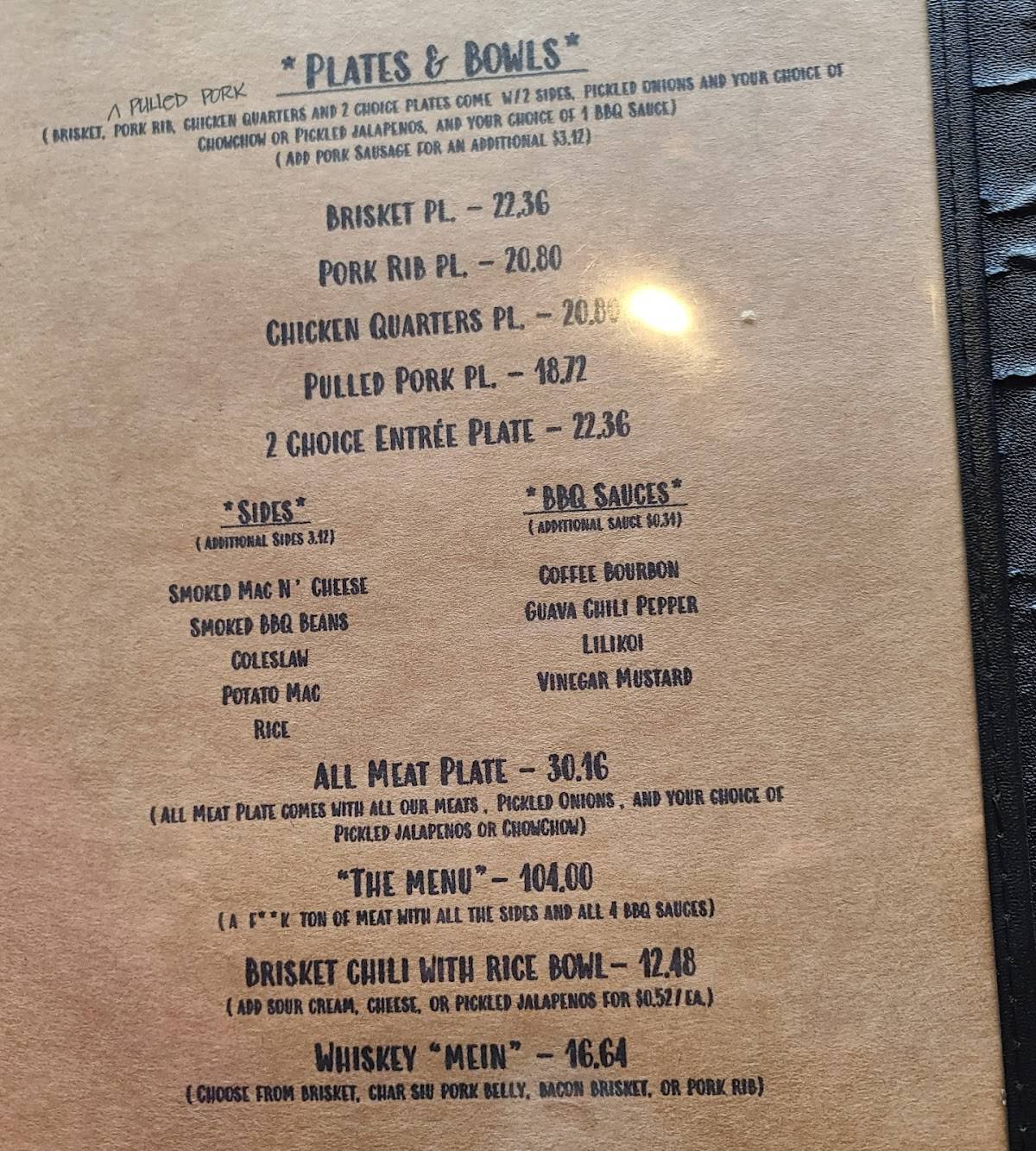 Menu at Whiskey Smoke 808 BBQ, Kaneohe