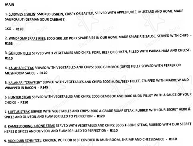 Menu at Kalahari Windpomp Restaurant, Shere