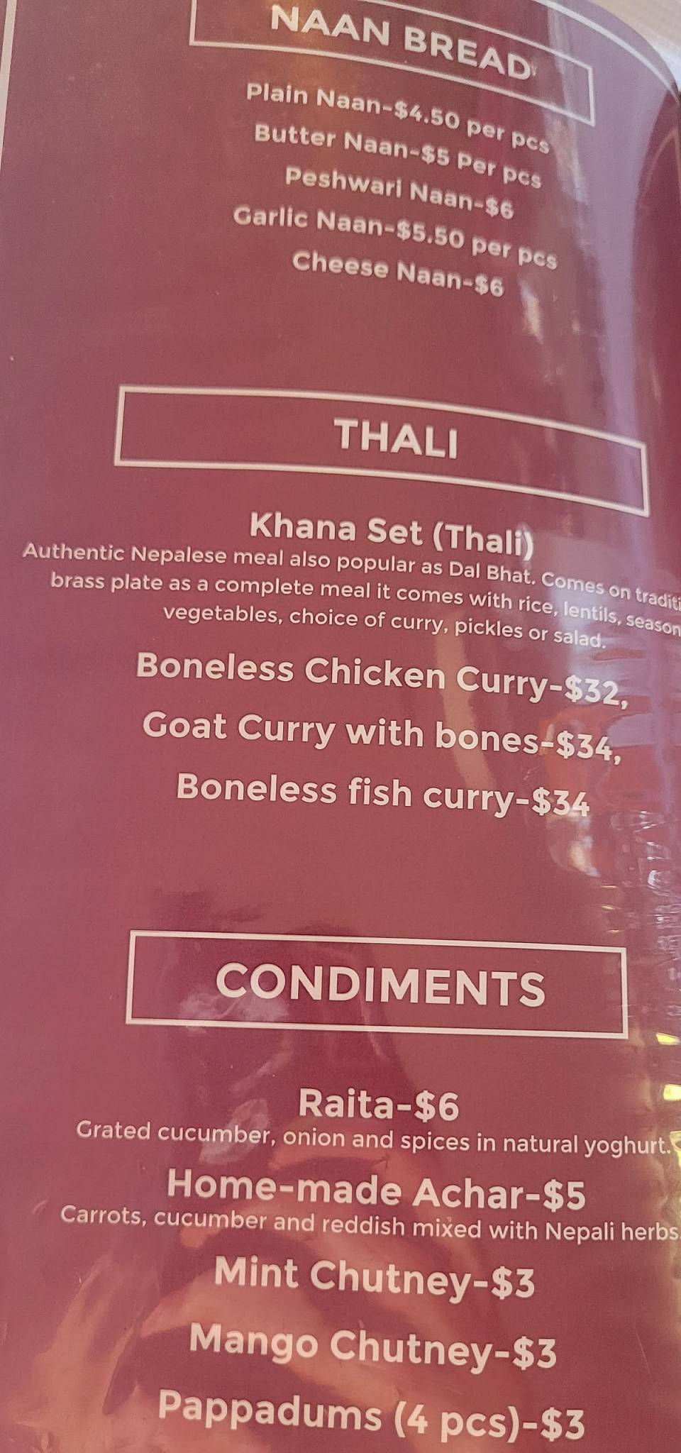 Menu at Gorkha Palace restaurant, Kallaroo
