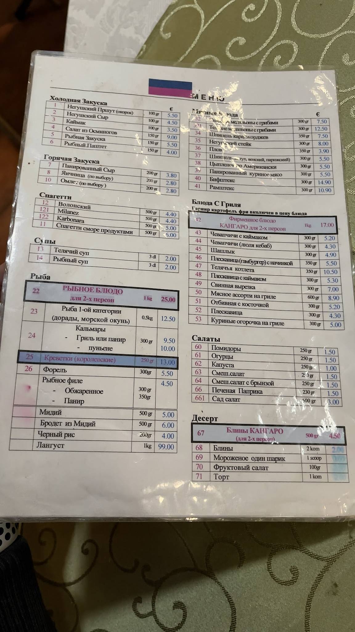 Menu at Kangaroo Ethno Restaurant, Budva