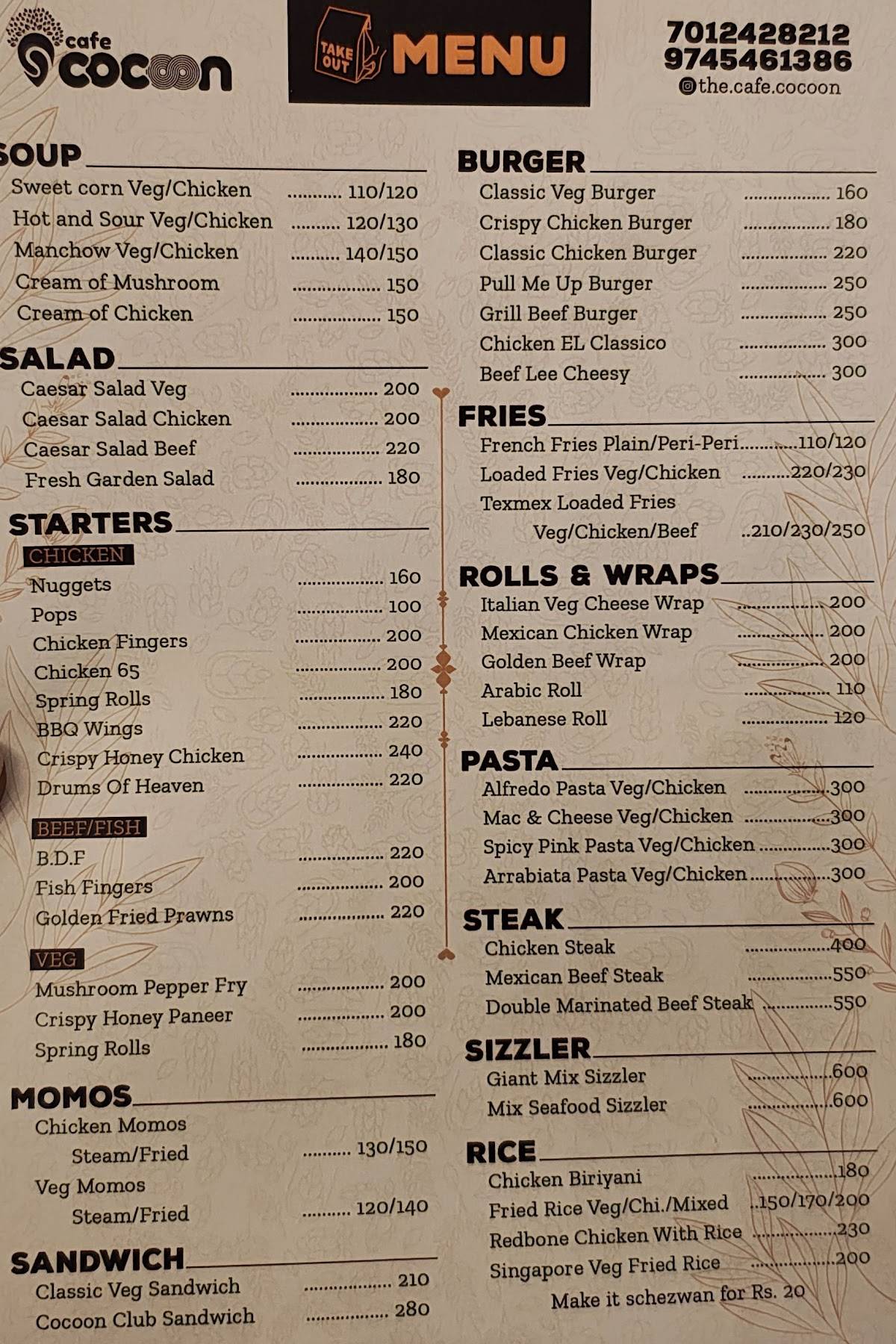 Menu at Cafe Cocoon, Kanjirappally