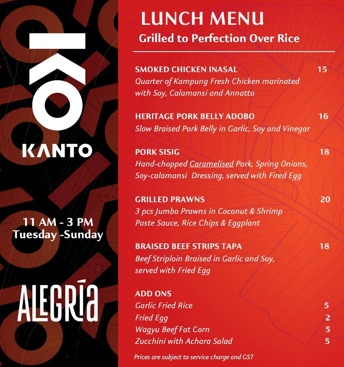 Menu at Kanto Grill restaurant, Singapore