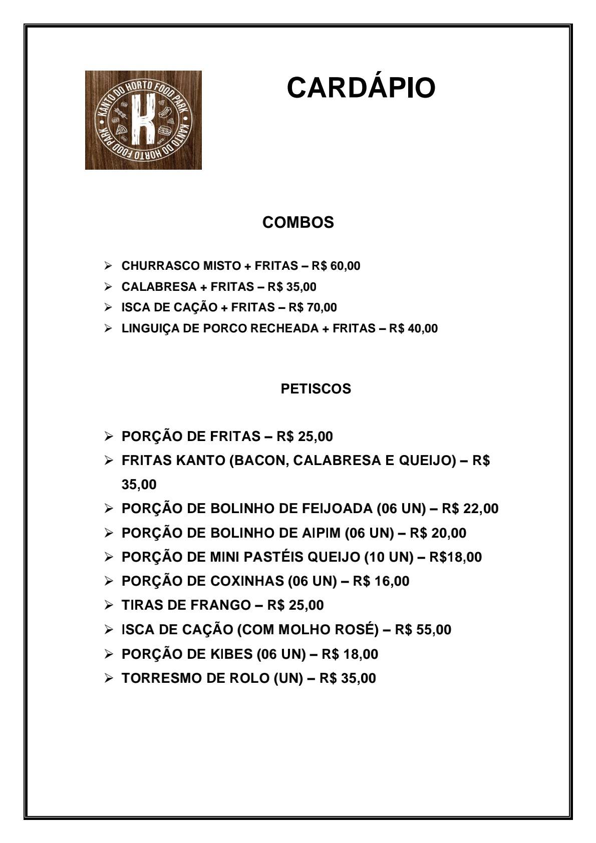 Menu em Kanto do Horto Bar e Videokê, Campos dos Goytacazes