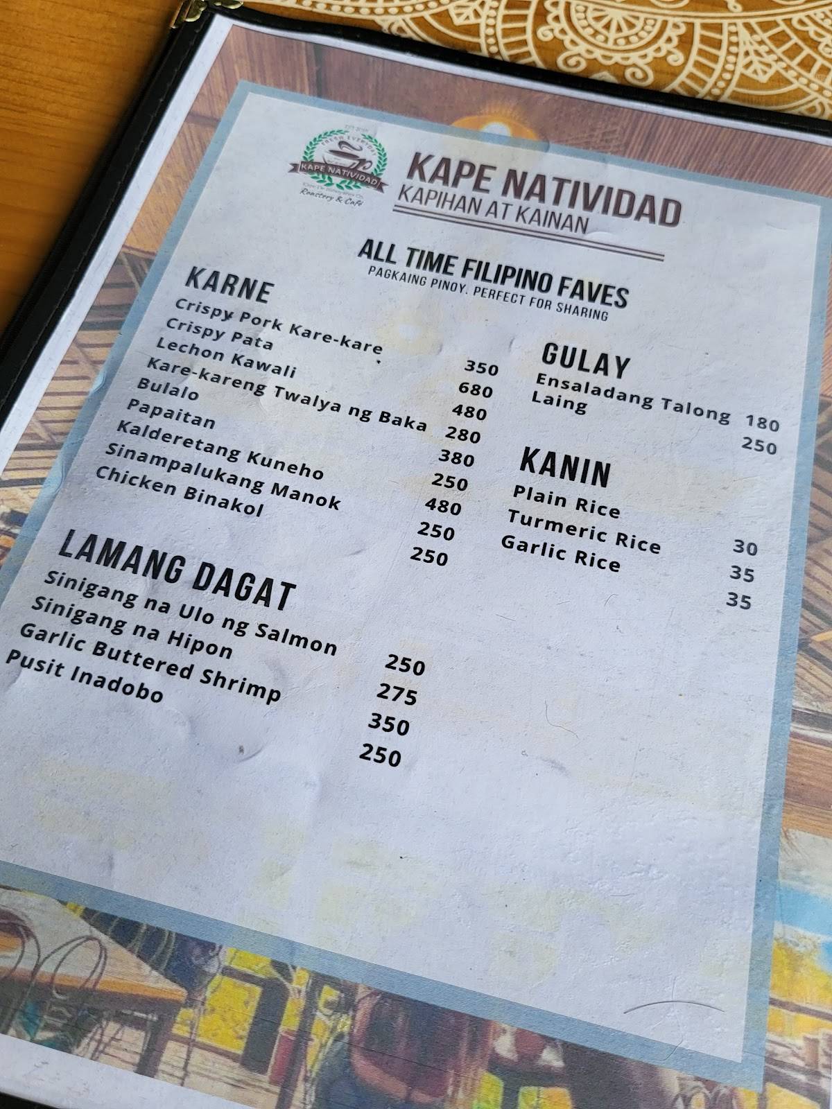 Carta del restaurante Kape Natividad Marilaque Tanay, Rizal, Tanay