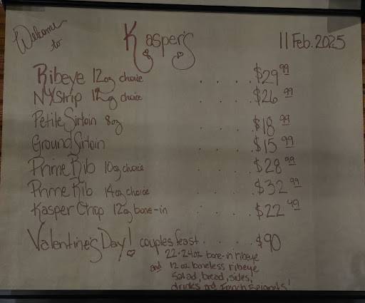 Menu at Kasper’s steakhouse, Clarksville