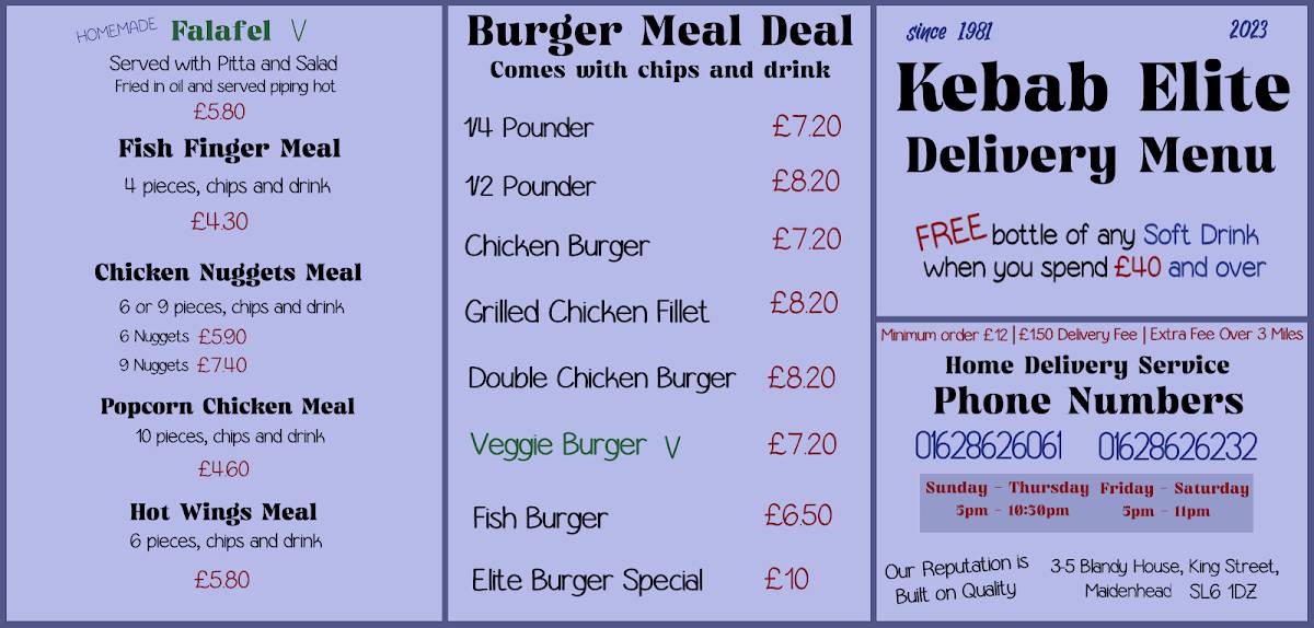 Menu at Kebab Elite fast food, Maidenhead