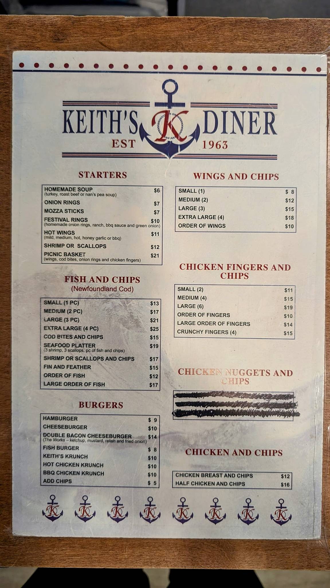 Menu at Keith's Diner restaurant, St. John's