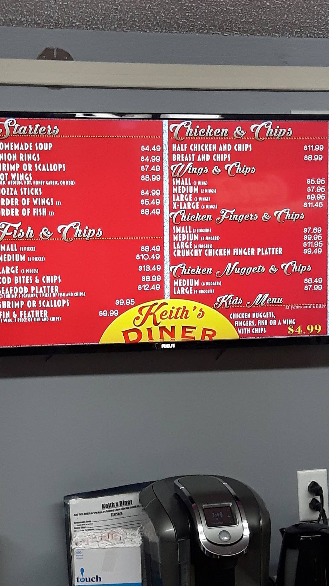 Menu at Keith's Diner restaurant, St. John's