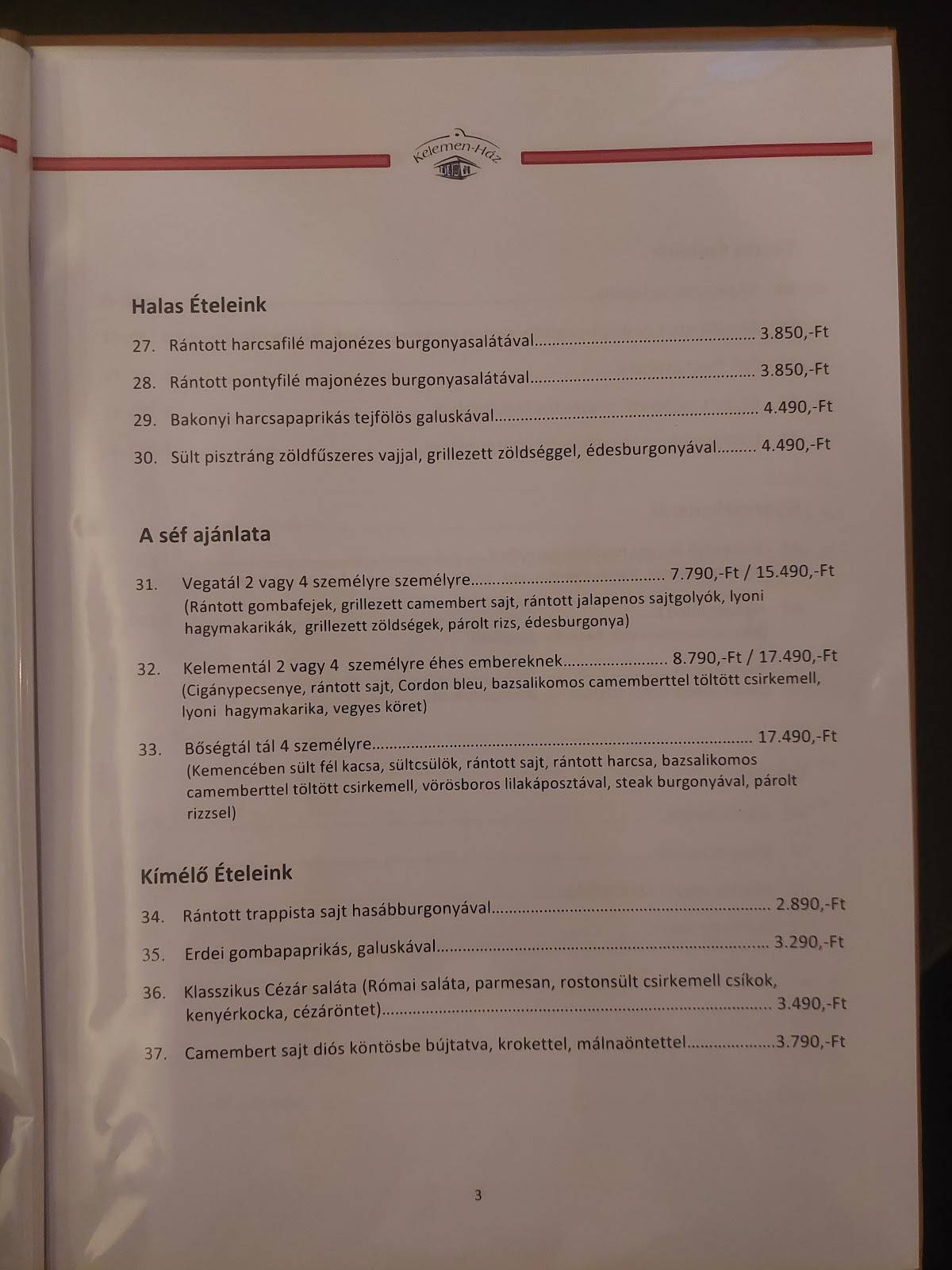 Menu at Kelemen-Ház Étterem restaurant, Makó