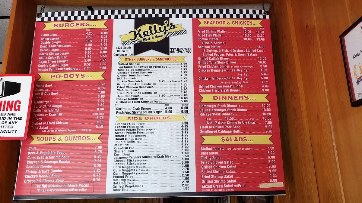 Menu at Kelly's Diner restaurant, Opelousas