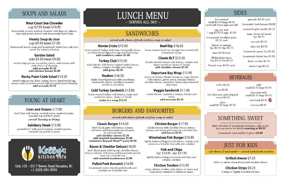 Menu at Kelly's Kitchen Cafe, Nanaimo