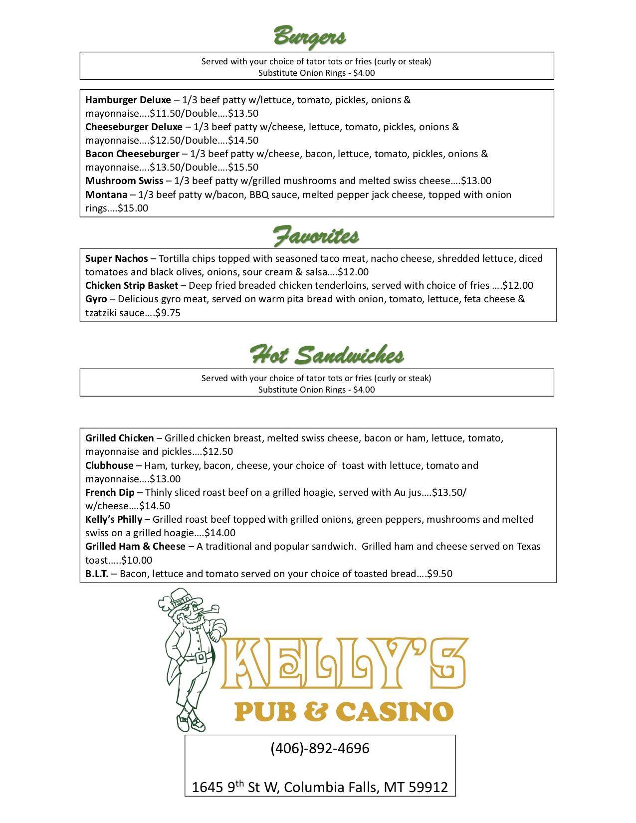 Menu at Kelly's Pub & Casino, Columbia Falls