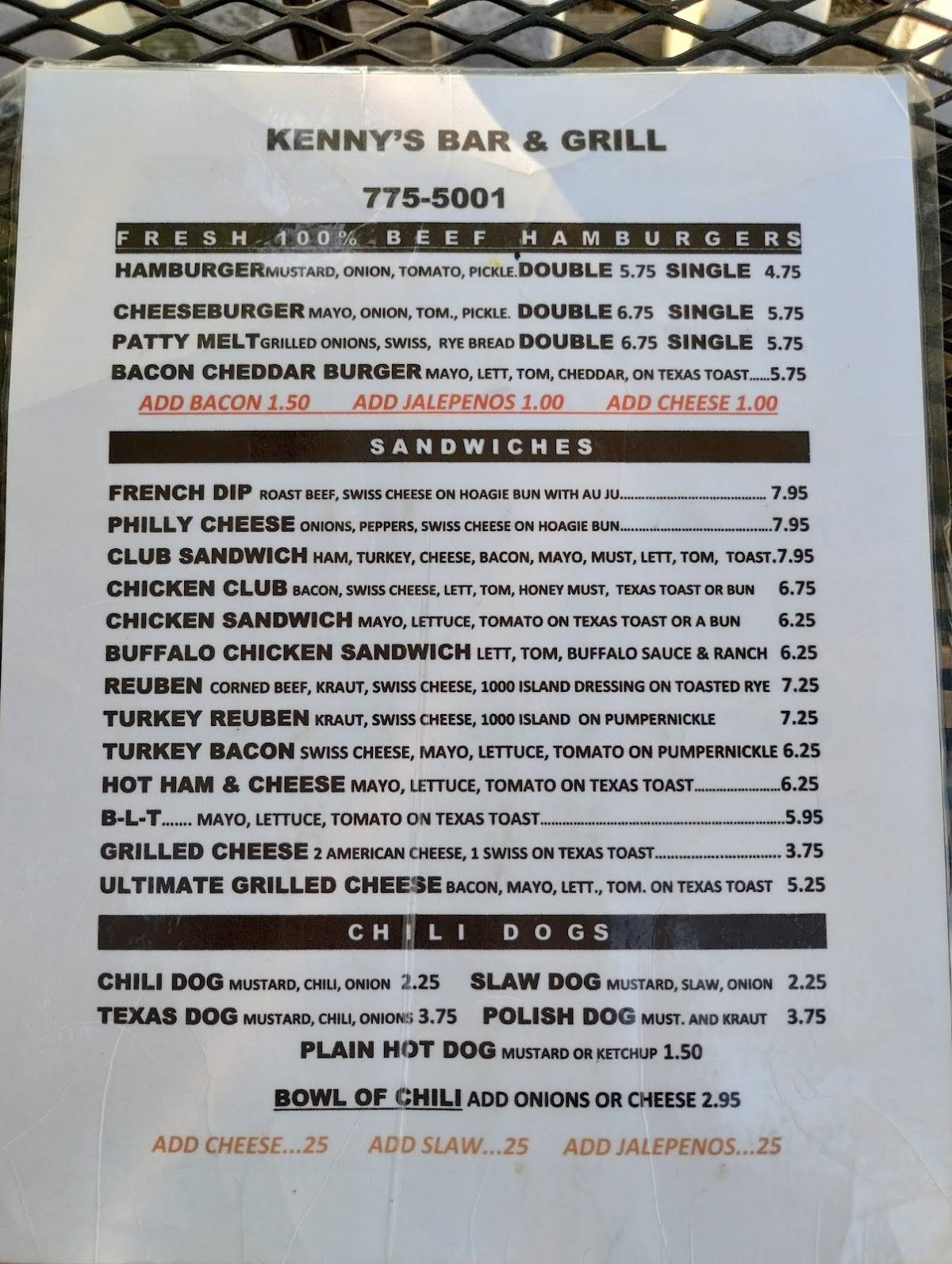 Menu at Kenny's Bar & Grill, Dayton