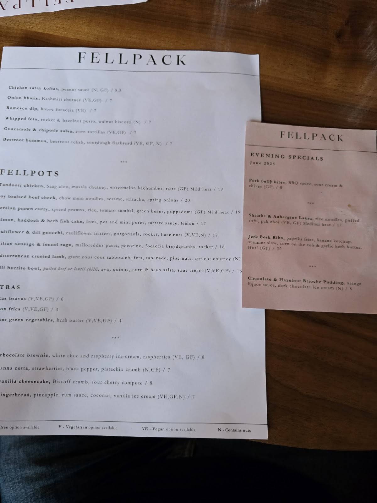 Menu at Fellpack restaurant, Keswick