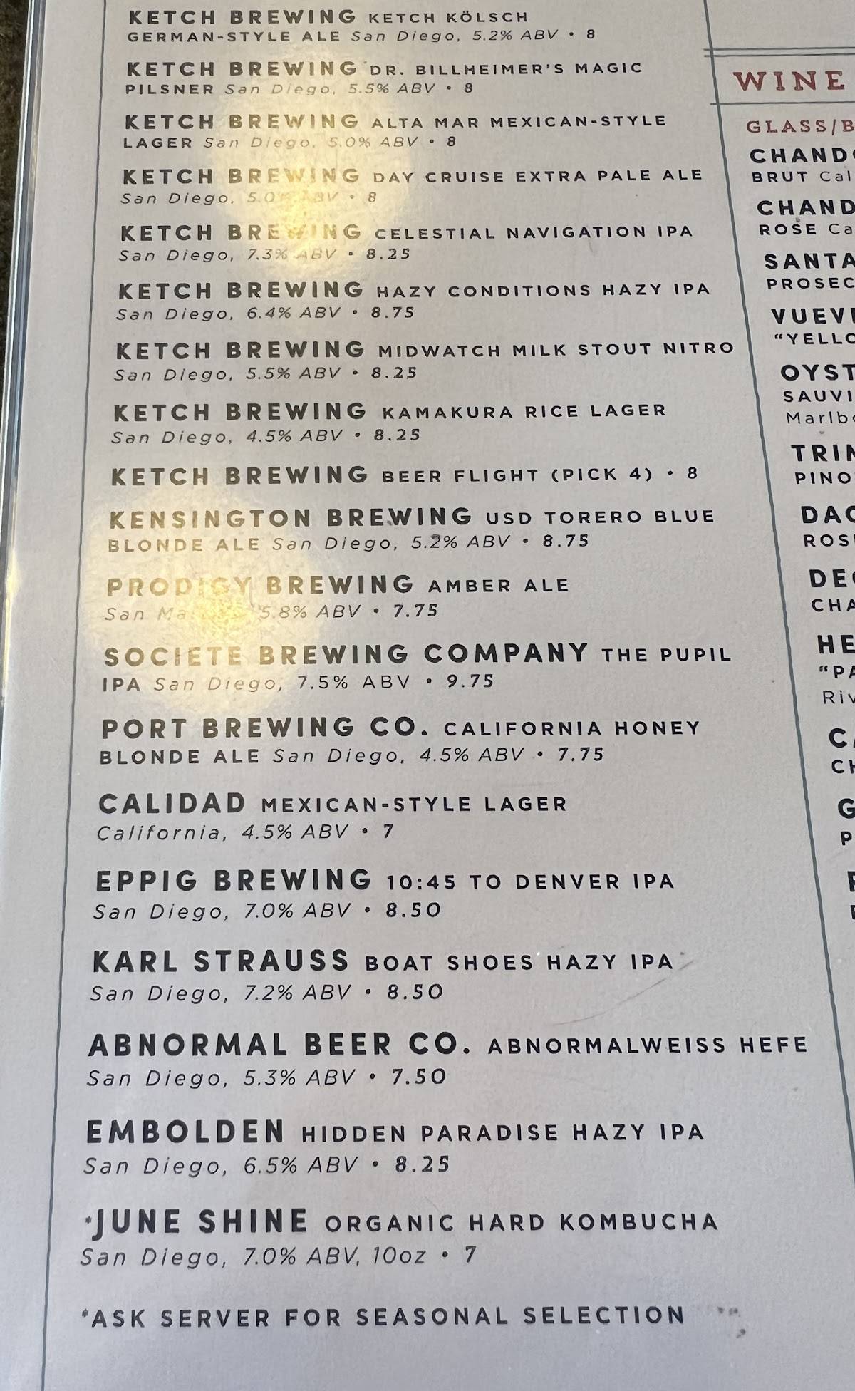 Menu at Ketch Grill and Taps pub & bar, San Diego, Shelter Island Dr