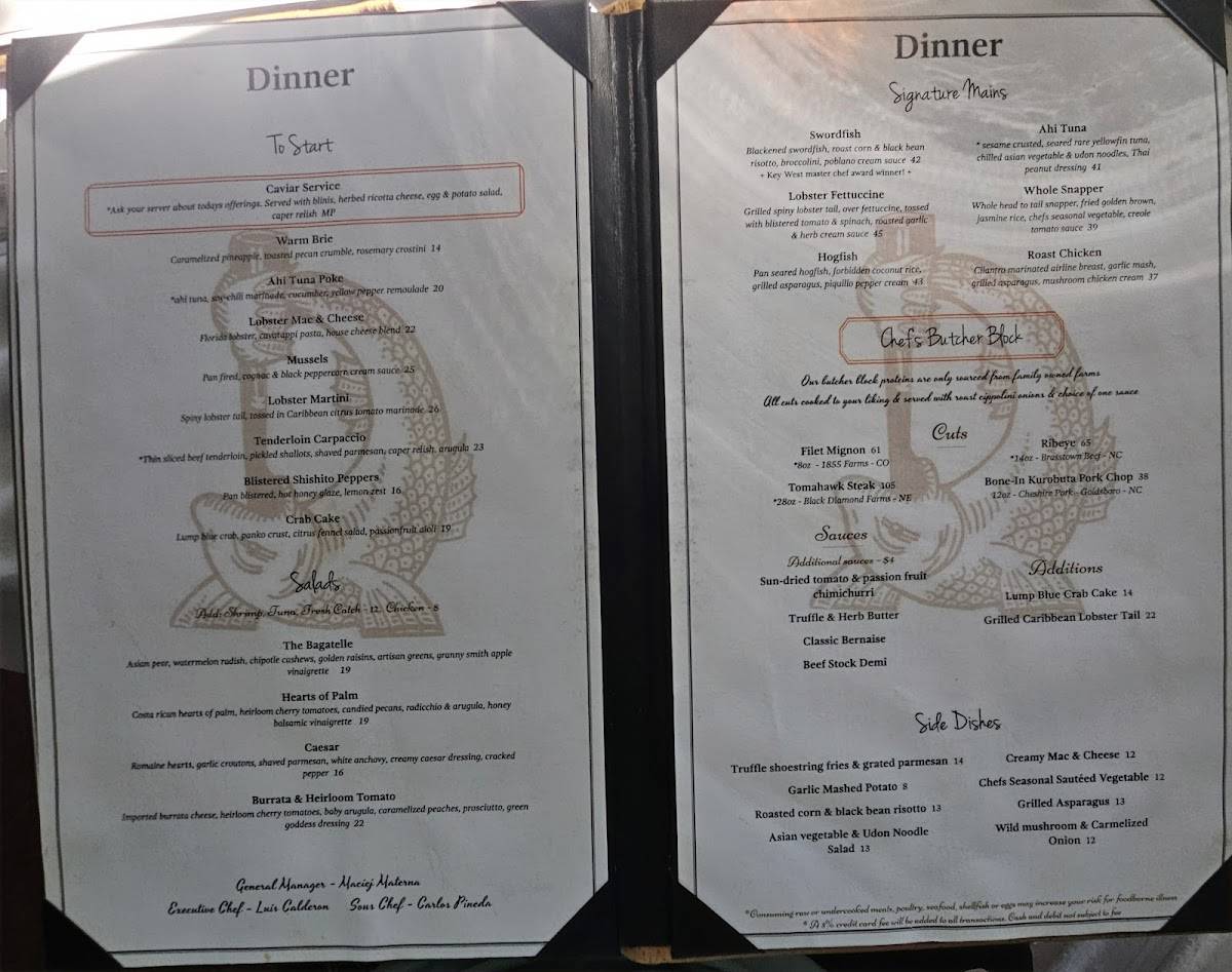 Menu at Bagatelle restaurant, Key West