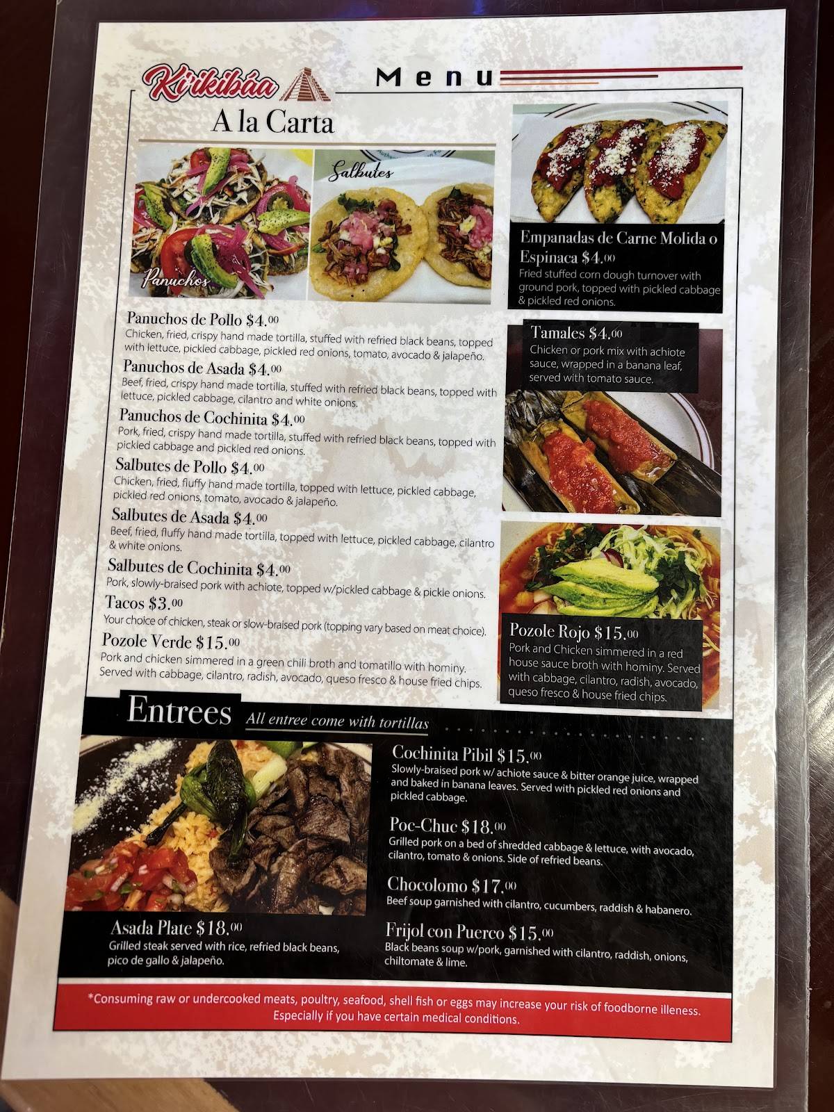 Menu at Ki’ikibáa restaurant, Portland