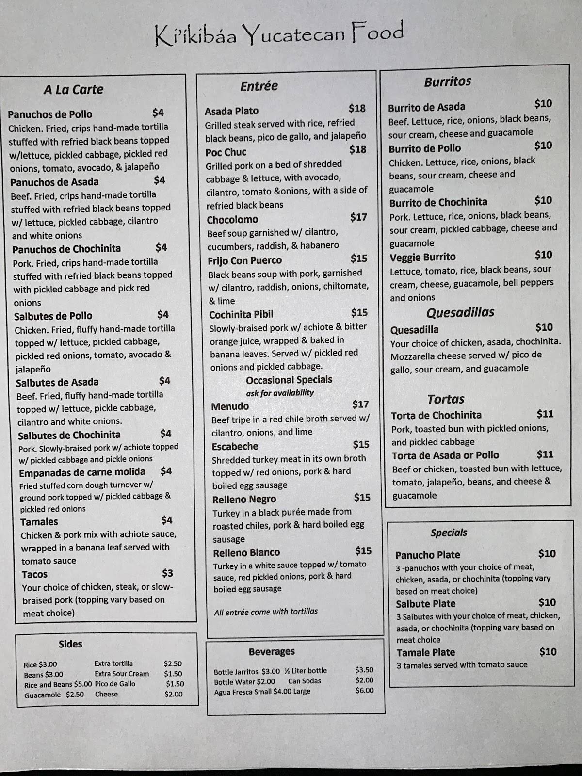 Menu at Ki’ikibáa restaurant, Portland