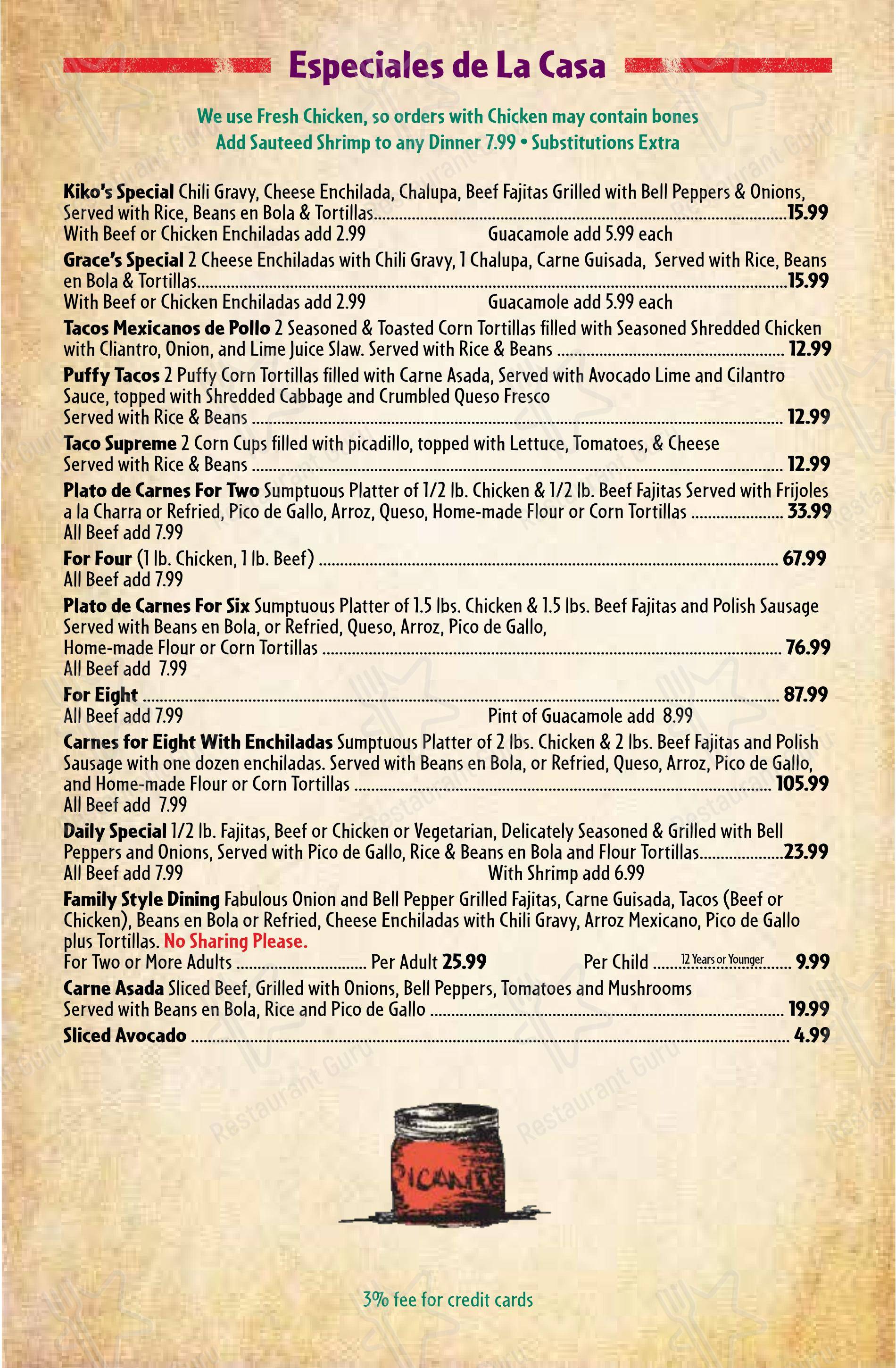 Menu at Kiko's Mexican Food Restaurant & Cantina, Corpus Christi