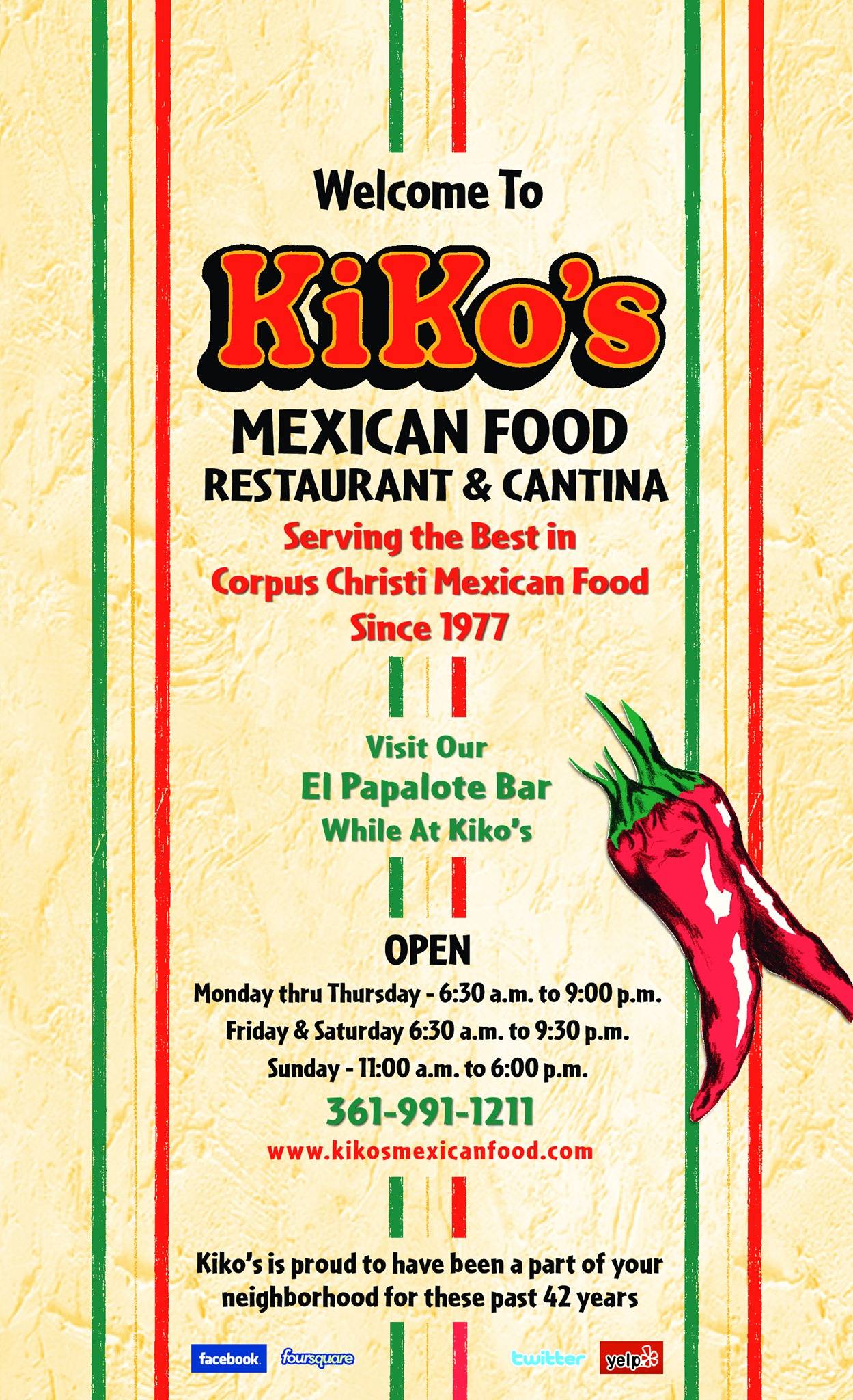 Menu at Kiko's Mexican Food Restaurant & Cantina, Corpus Christi