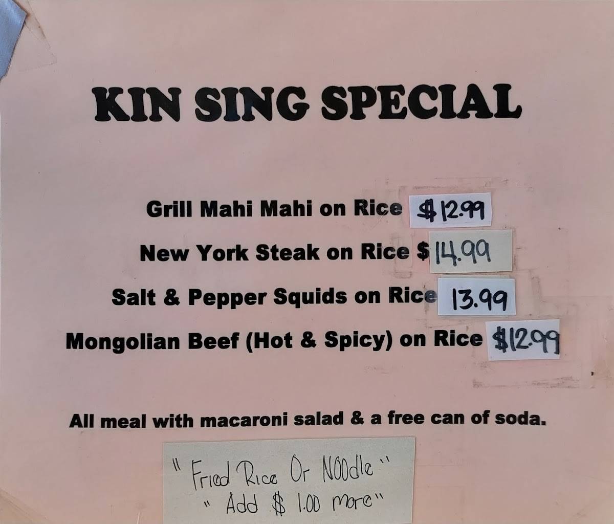Menu at Kin Sing Chinese Fast Food, Waipahu