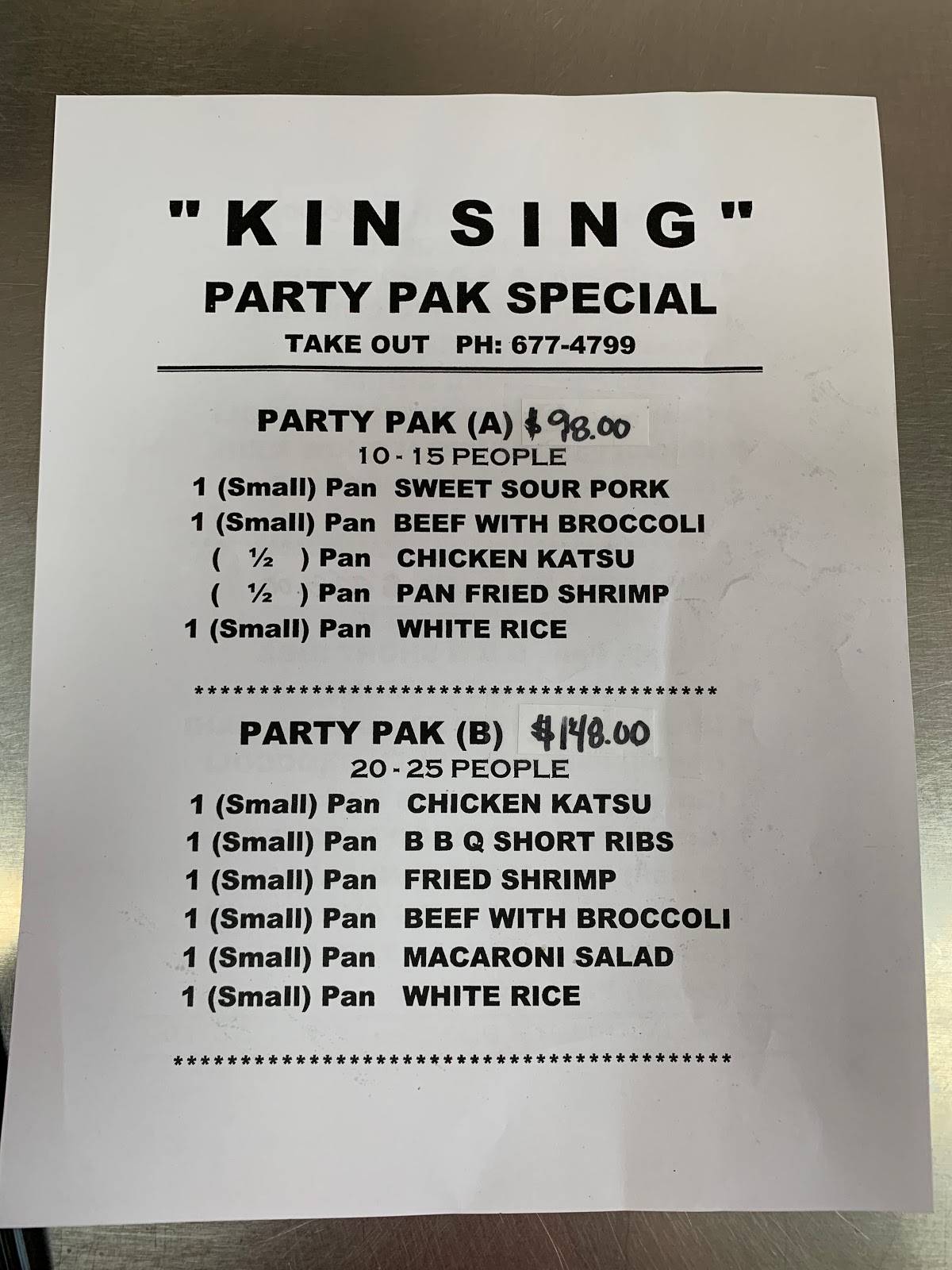 Menu at Kin Sing Chinese Fast Food, Waipahu