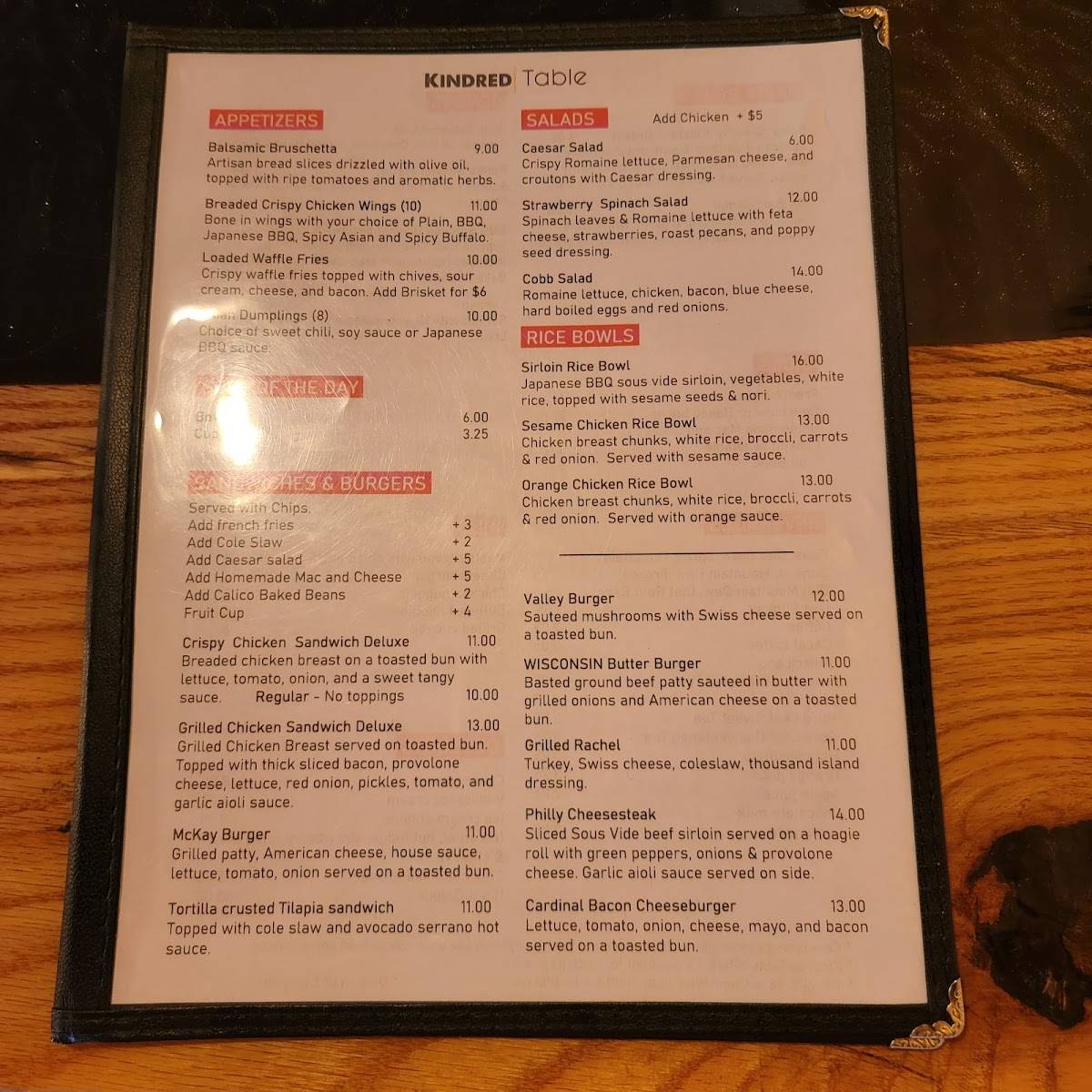 Menu at Kindred Table Restaurant, Spring Valley