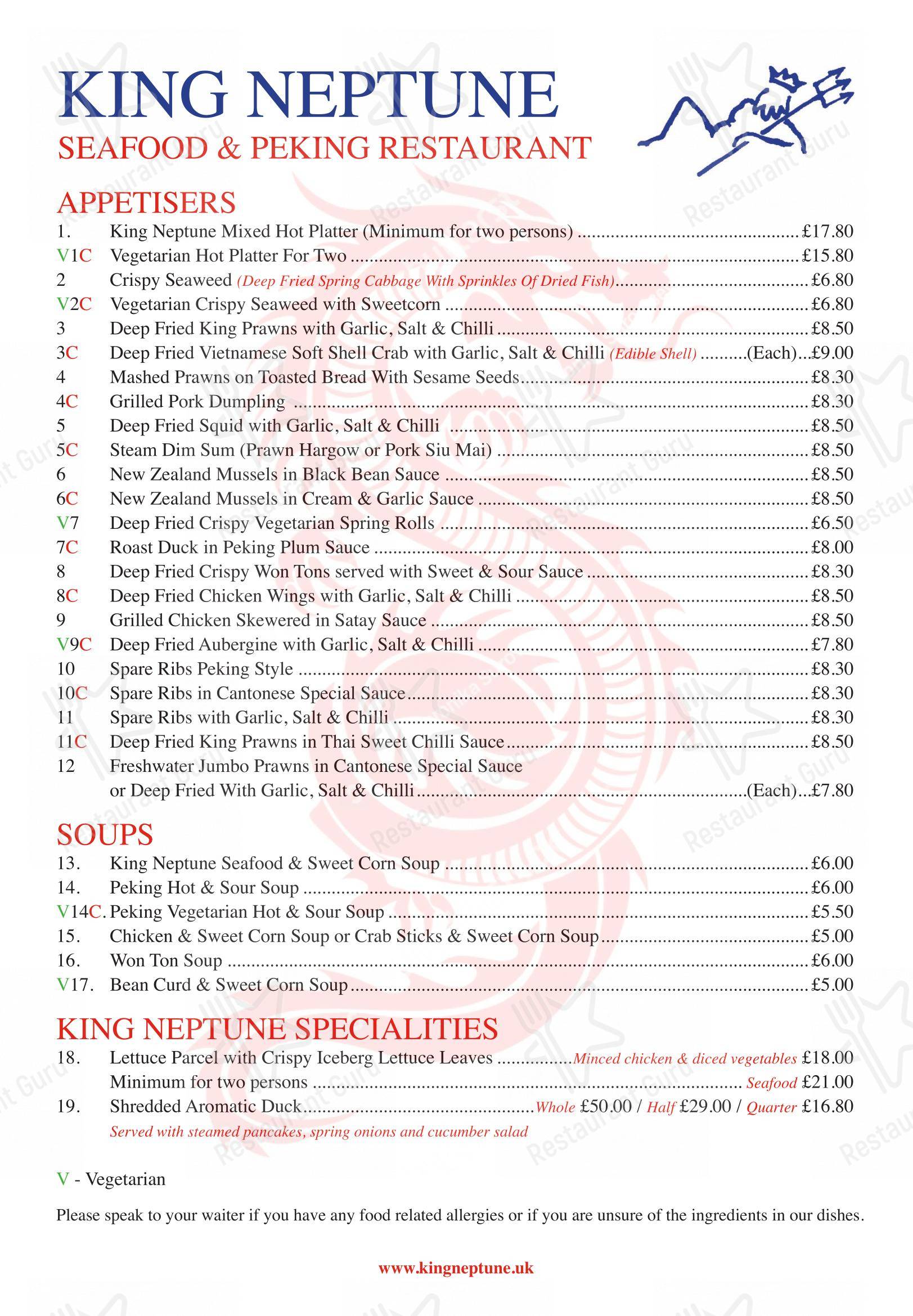 Menu at King Neptune restaurant, Newcastle upon Tyne, Parkside