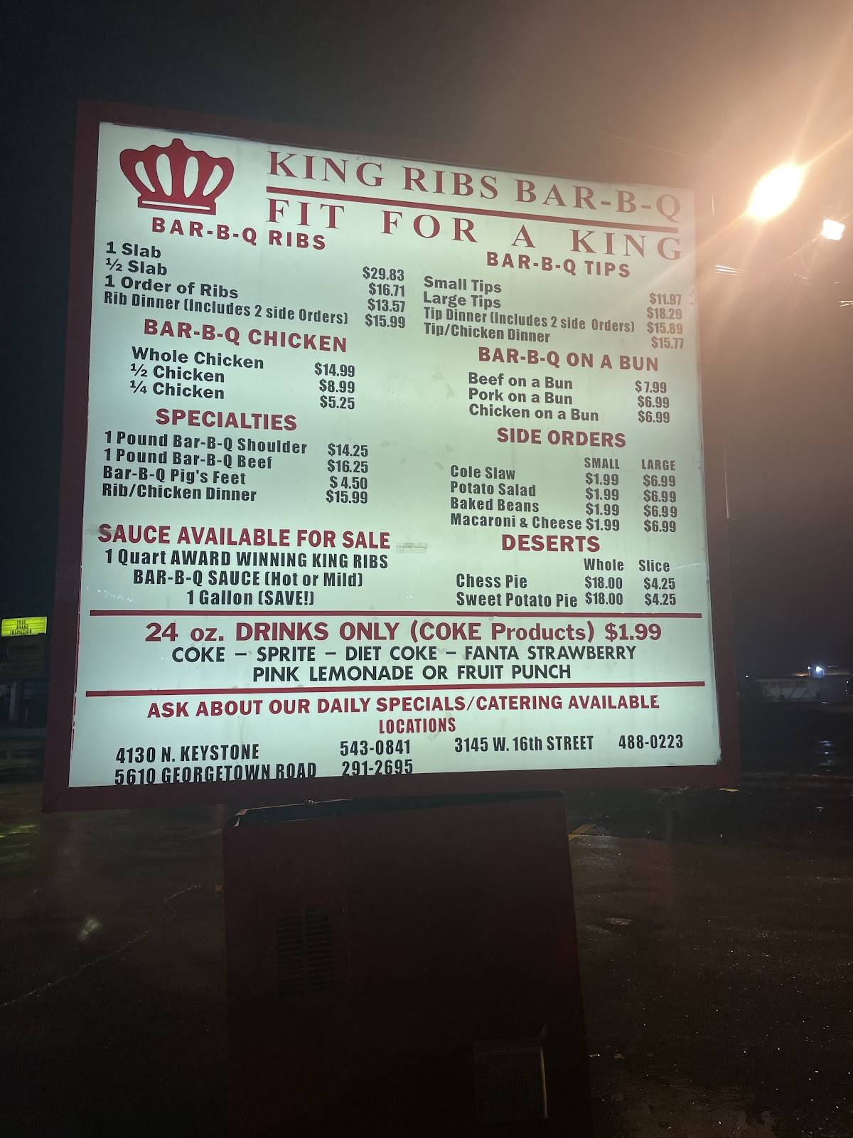Menu at King Ribs Bar-B-Q, Indianapolis, N Keystone Ave