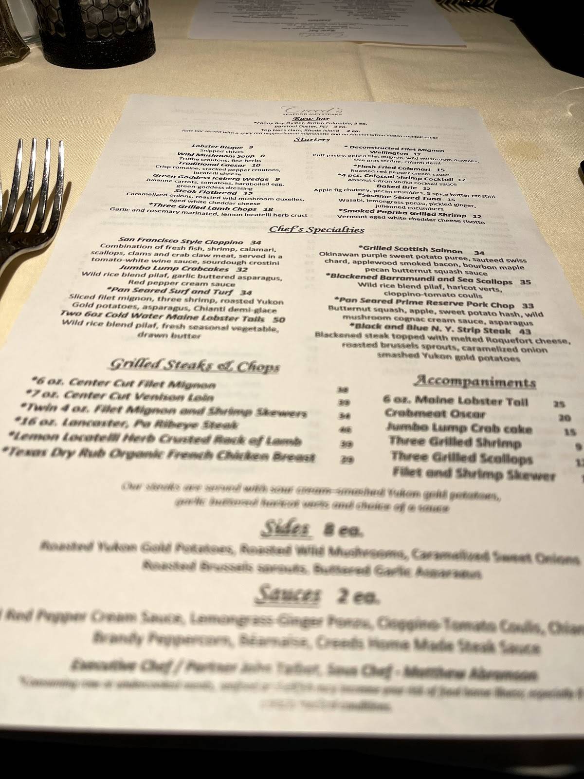 Menu at Creed's Seafood & Steaks pub & bar, King of Prussia