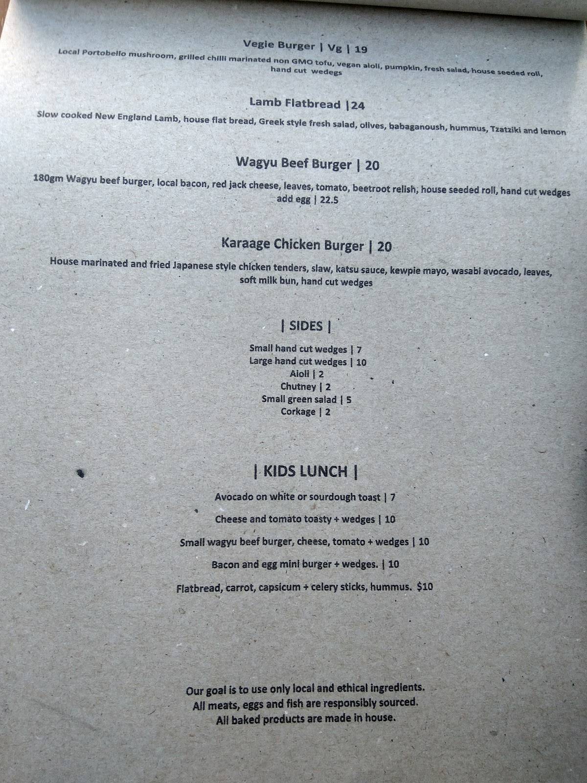 Menu at Mockingbird restaurant, Kingscliff