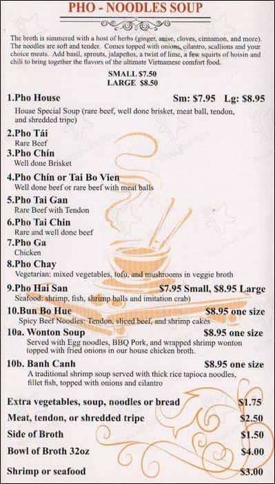 Menu at Pho House restaurant, Kirkland