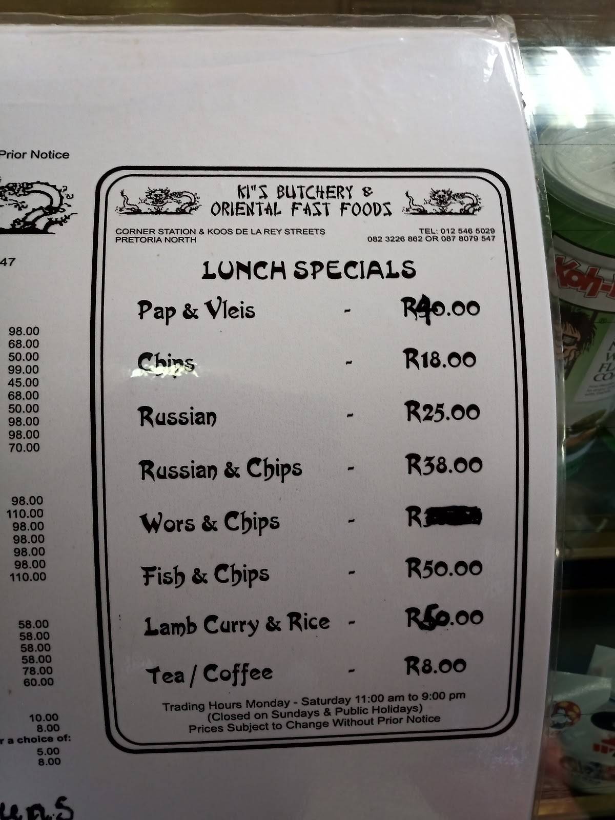 Menu at Ki's Butchery & Oriental Fast Food, Pretoria