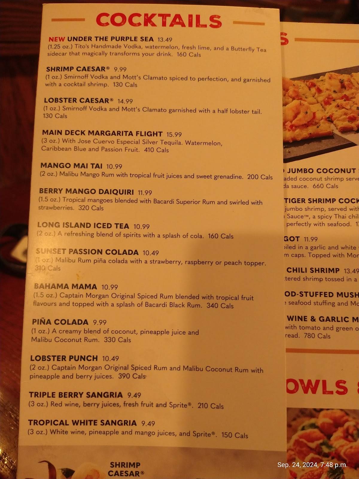 Menu at Red Lobster restaurant, Kitchener