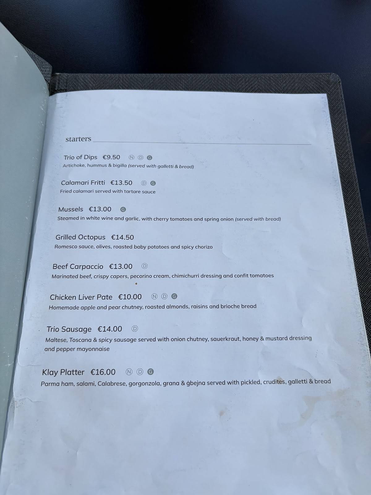Menu at Klay restaurant, Saint Julian's