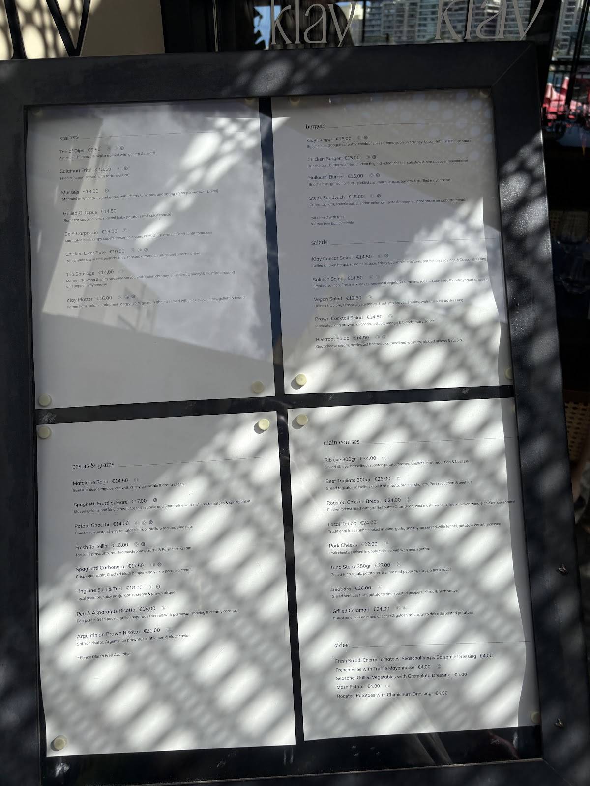 Menu at Klay restaurant, Saint Julian's