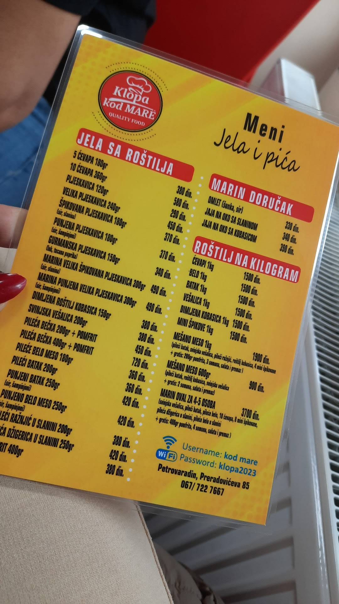 Menu at Klopa kod Mare restaurant, Petrovaradin
