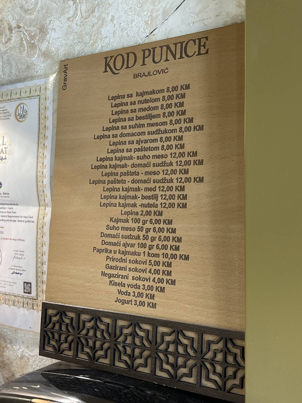 Menu at KOD PUNICE d.o.o. restaurant, Sarajevo