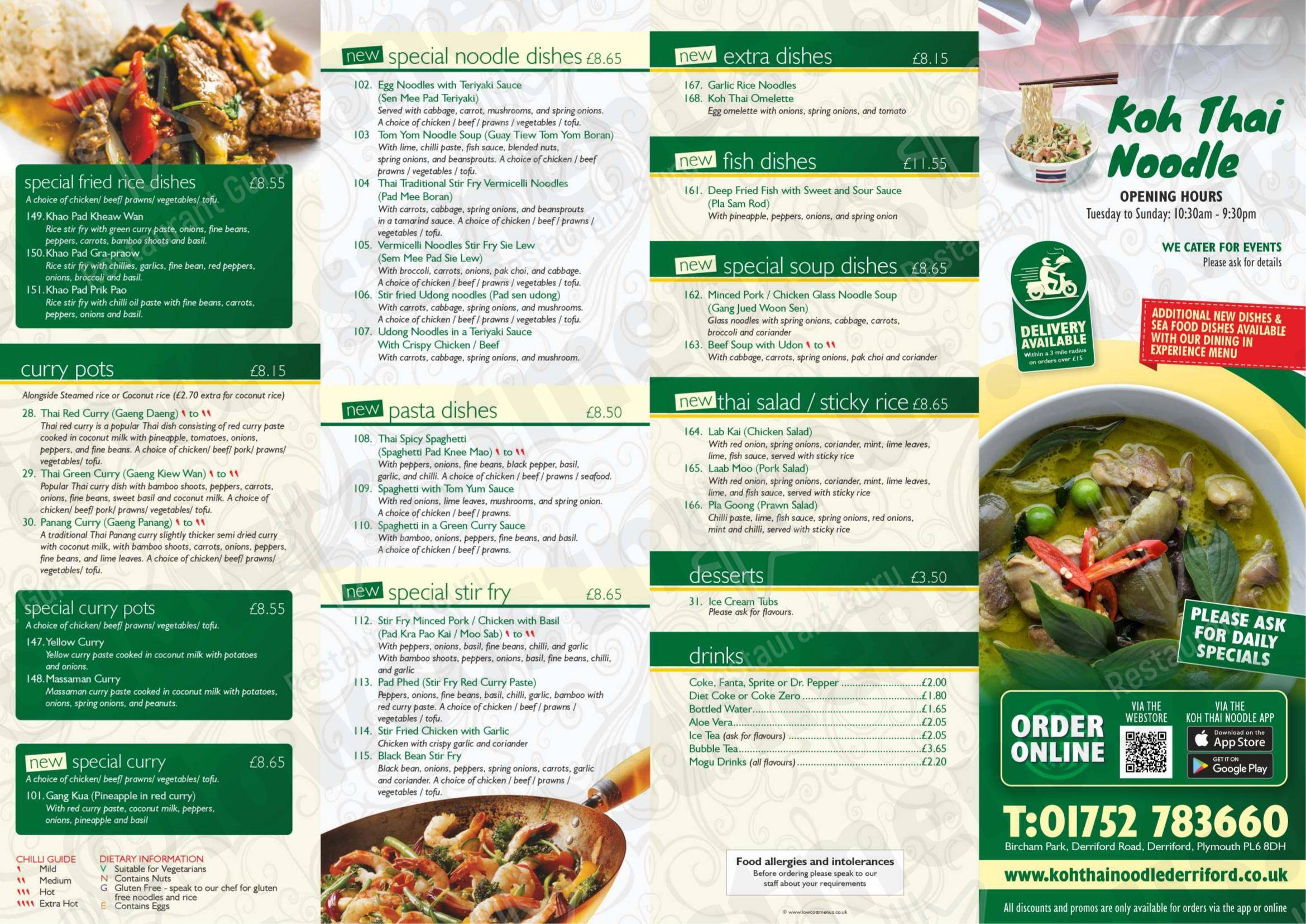 Menu at Koh Thai Noodle restaurant, Plymouth