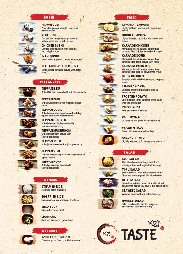 Menu at Koji Teppanyaki & Grill Timaru restaurant, Timaru
